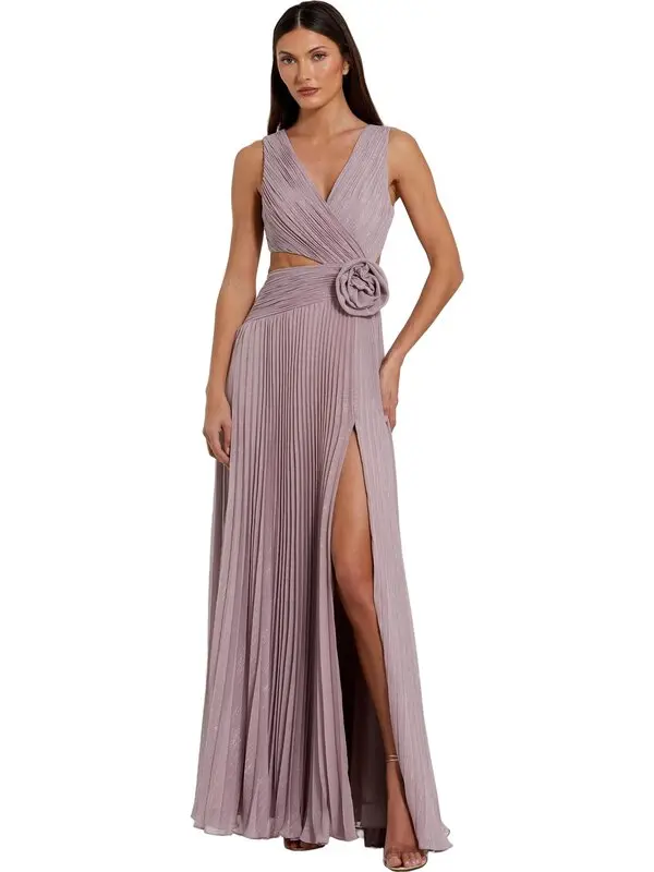Mac Duggal Ruched Chiffon Sleeveless Gown With 3d Flower - Purple