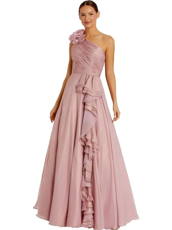 Mac Duggal One-shoulder Organza Ball Gown With Rosette Accent - Rose/gold
