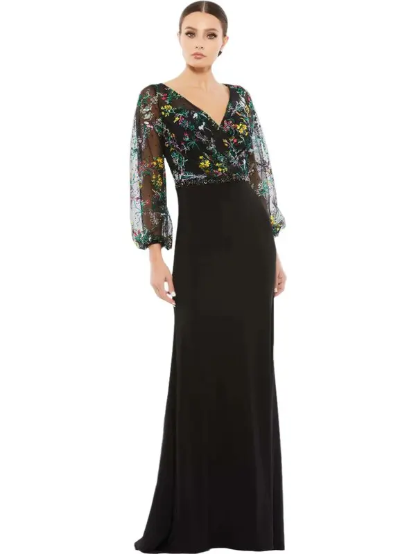 Mac Duggal Embroidered Illusion Puff Sleeve Gown - Black Multi