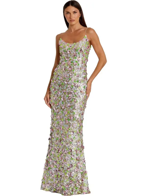 Mac Duggal Floral Paillette Embellished Mesh Gown - Pastel Multi
