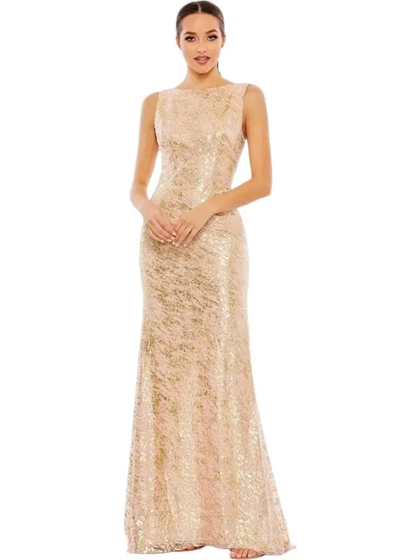 Mac Duggal Metallic Sequin Boat Neck Gown With Cowl Back - Blush