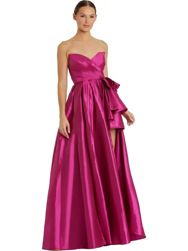 Mac Duggal Strapless Taffeta A-line Gown With Ruffles And Slit - Hot Pink