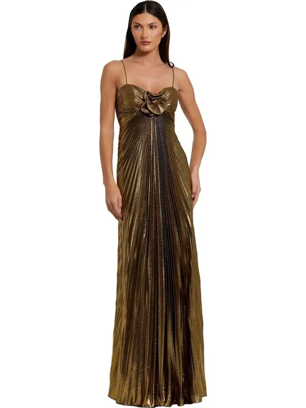 Mac Duggal Metallic Pleated Gown With 3d Flower - Antique Gold