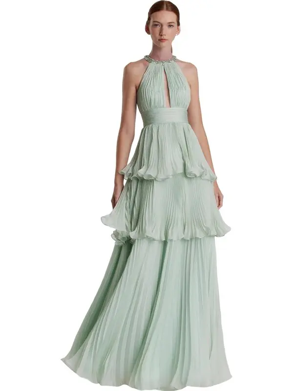 Mac Duggal Chiffon Tiered Gown With Beaded High Neckline - Mint