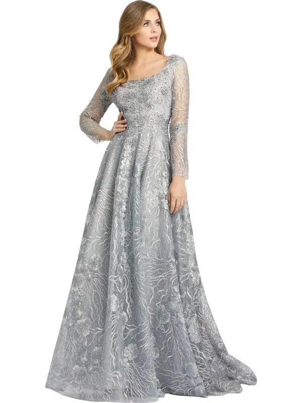 Mac Duggal Embellished Embroidered Long Sleeve Gown - Dove Grey