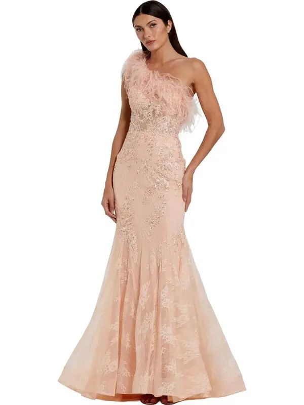Mac Duggal One-shoulder Feather Embellished Mermaid Gown - Peach