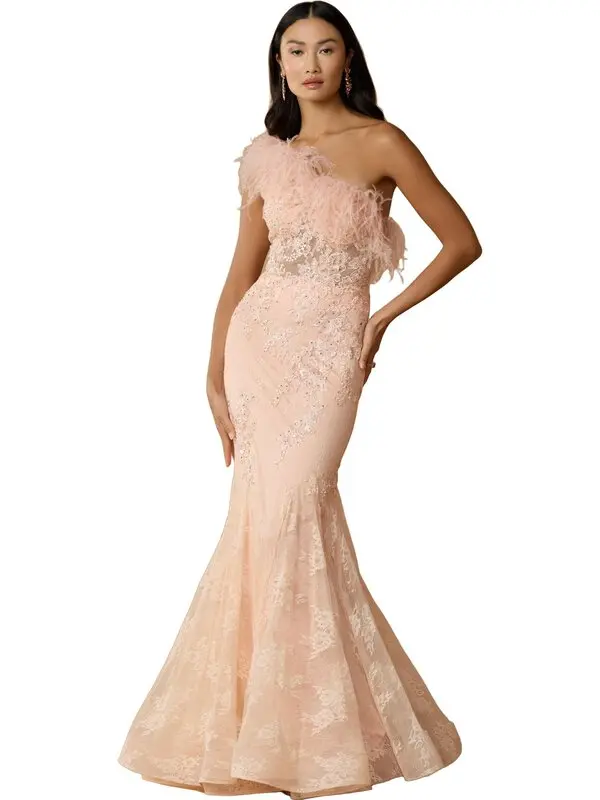 Mac Duggal One-shoulder Feather Embellished Mermaid Gown - Peach