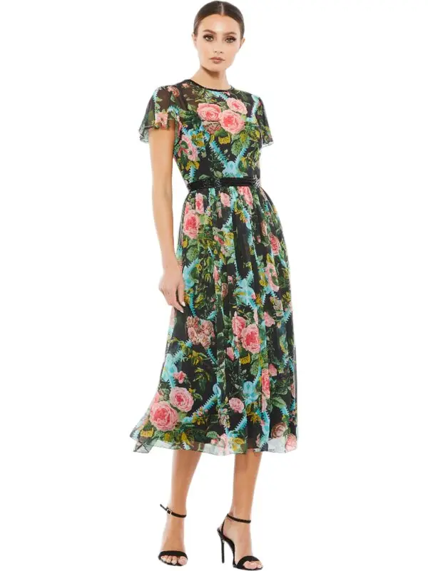 Mac Duggal Floral Illusion Cap Sleeve Midi Dress - Black Multi
