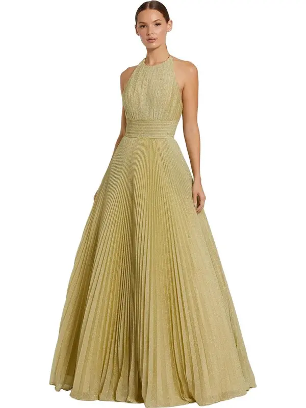 Mac Duggal Shimmering Pleated High Neck Ball Gown - Gold