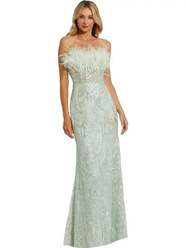 Mac Duggal Embellished Strapless Feather Bustier Gown - Mint