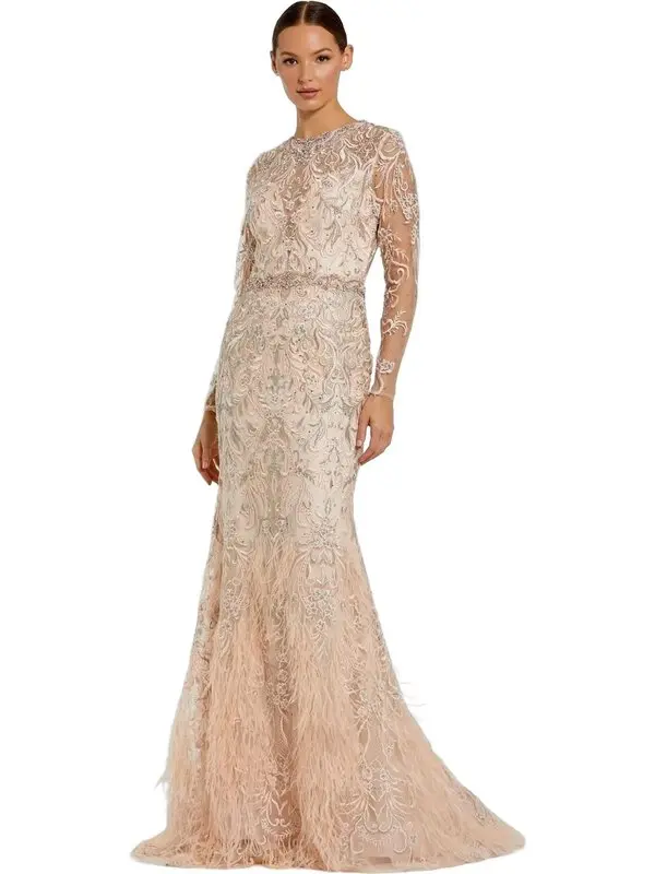 Mac Duggal Embroidered Illusion Long Sleeve Trumpet Gown - Blush