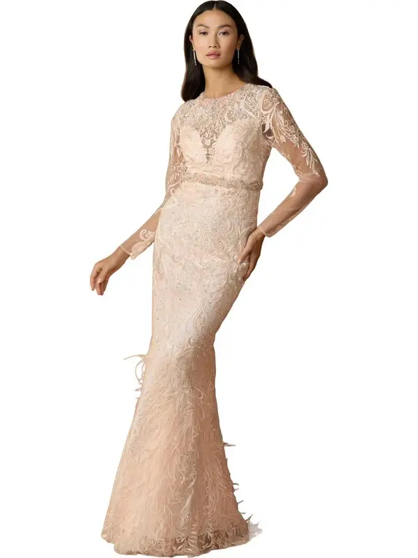 MAC DUGGAL COLLECTION Embroidered Long Sleeve Gown With Feather Hem - Blush