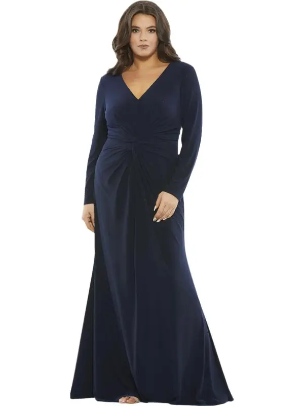 Mac Duggal Front Twist Long Sleeve V-neck Gown - Midnight