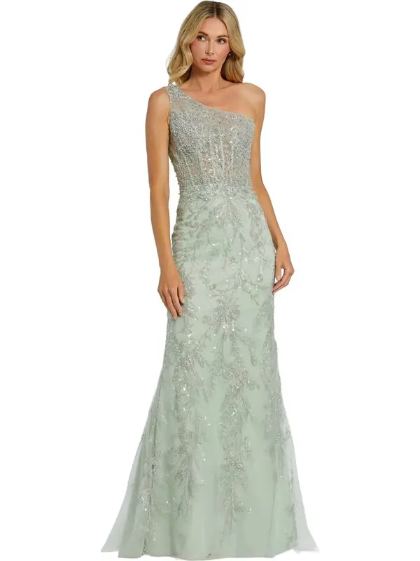 Mac Duggal One-shoulder Embellished Evening Gown - Green