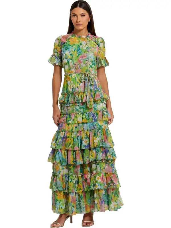 Mac Duggal Ruffled Tiered Floral Chiffon Maxi Dress - Green