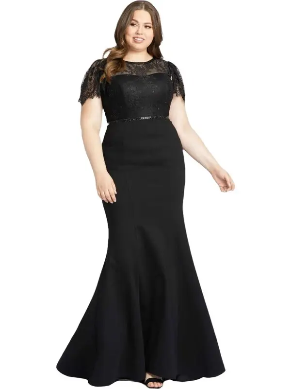 Mac Duggal Lace Illusion High Neck Gown - Black