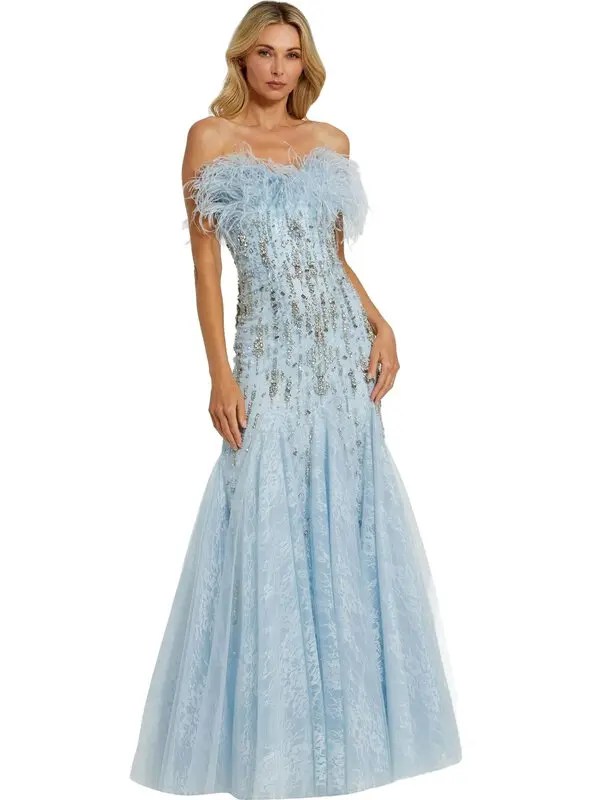 Mac Duggal Feather Embellished Strapless Trumpet Gown - Powder Blue
