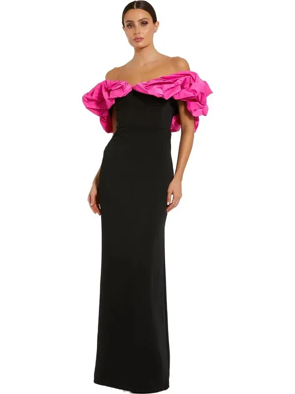 Mac Duggal Crepe And Faille Off-the-shoulder Gown - Black Hot Pink