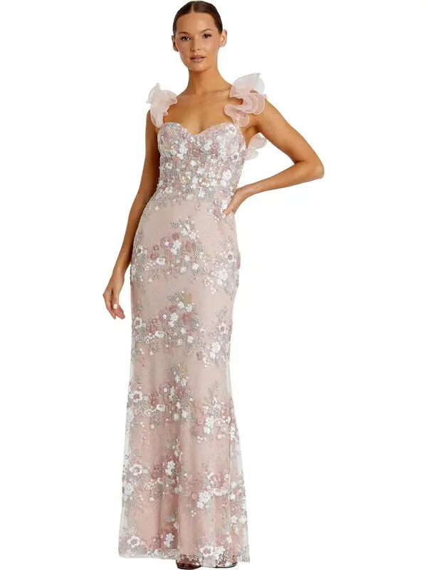 Mac Duggal Embroidered Lace Floral Gown With Ruffle Straps - Pink
