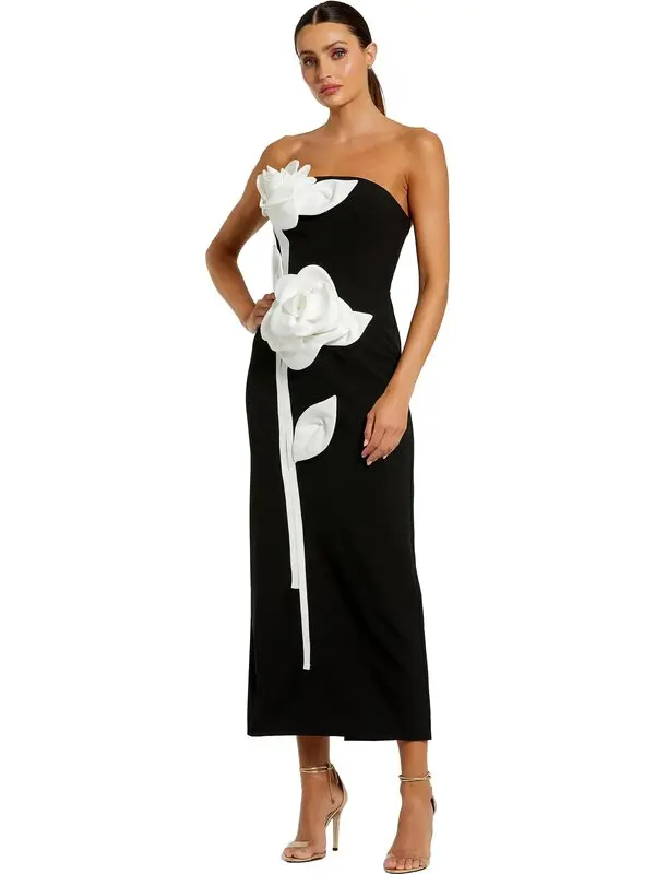 Mac Duggal Strapless Crepe Gown With 3d Satin Flowers - Black
