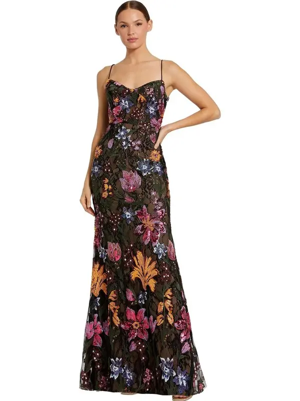 Mac Duggal Floral Embroidered Trumpet Gown - Black Multi