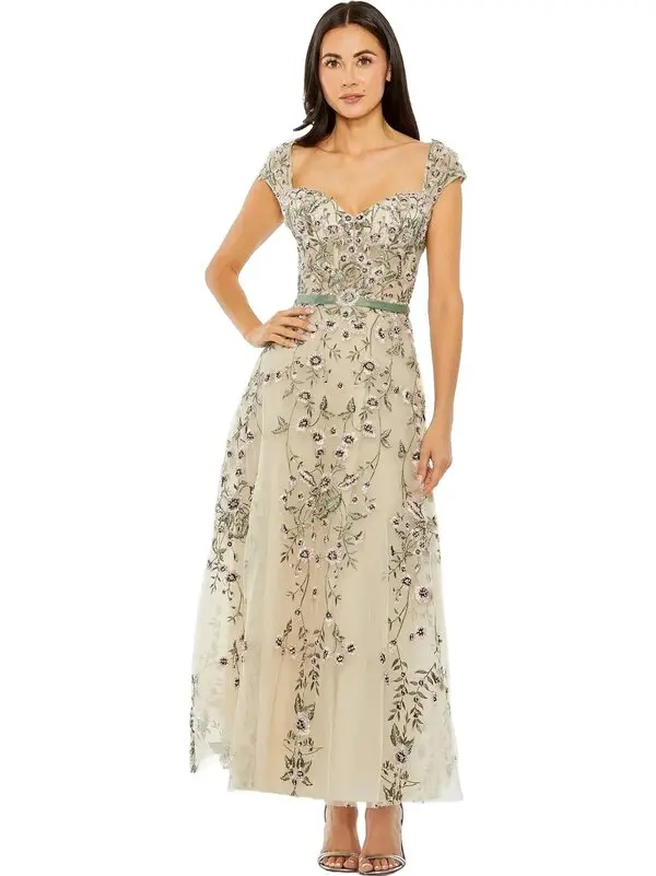 Mac Duggal Floral Embroidered Midi Dress - Neutral
