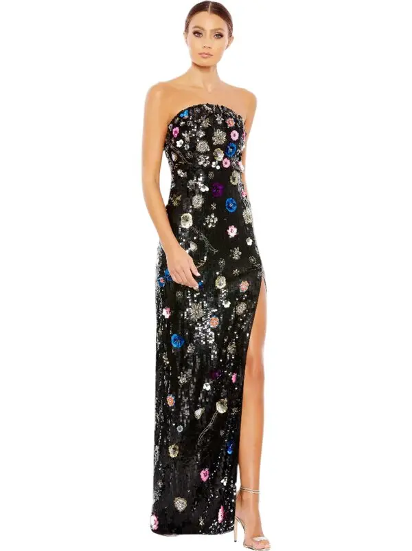 Mac Duggal Floral Sequin Embellished Strapless Column Gown - Black Multi