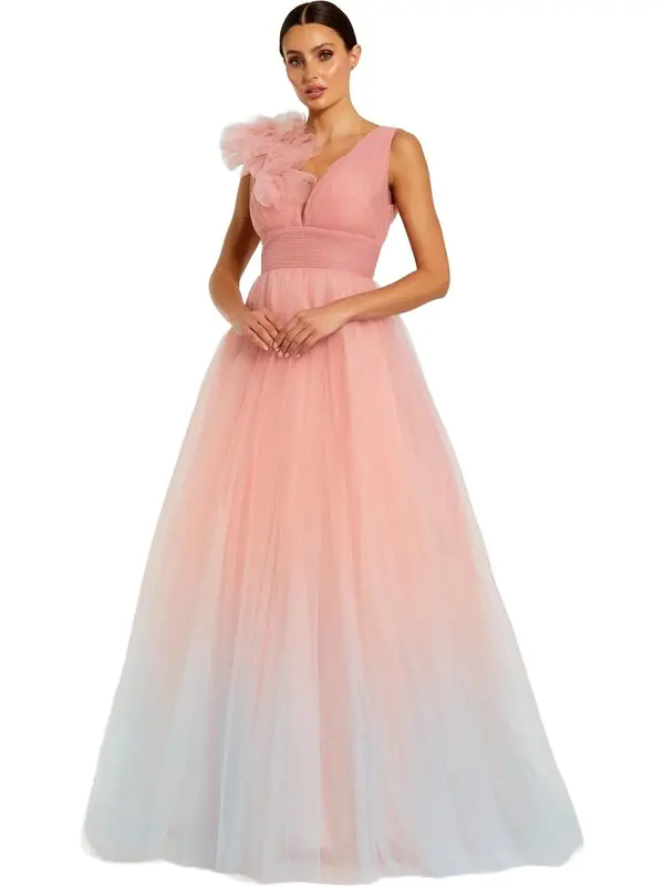 Mac Duggal Ruffle Shoulder Ombre Tulle Ball Gown - Pink Multi