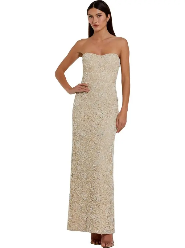 Mac Duggal Strapless Beaded Lace Column Gown - Beige