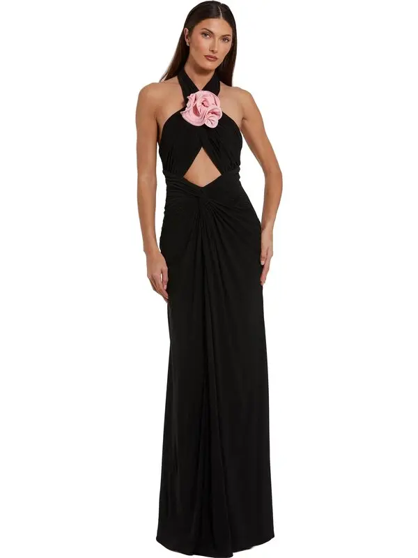 Mac Duggal Jersey Crossover Halter Neck Gown With 3d Flower - Black Pink