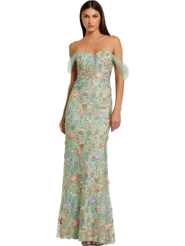 Mac Duggal Embroidered Floral Column Gown With Tulle Straps - Sage Multi