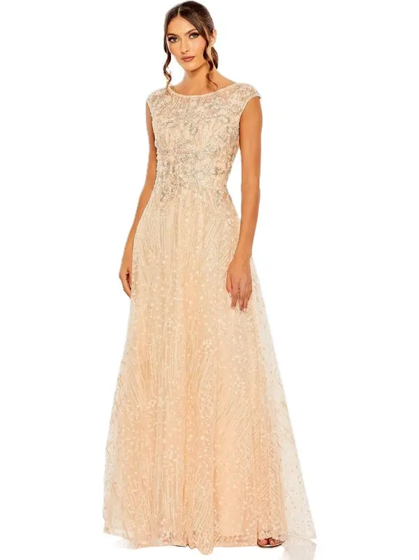 Mac Duggal High Neck Lace Embroidered Gown - Peach