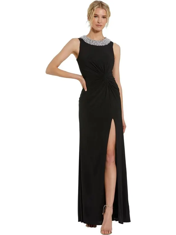 Mac Duggal Jersey Sleeveless Gown With Beaded Neck And Twist - Black