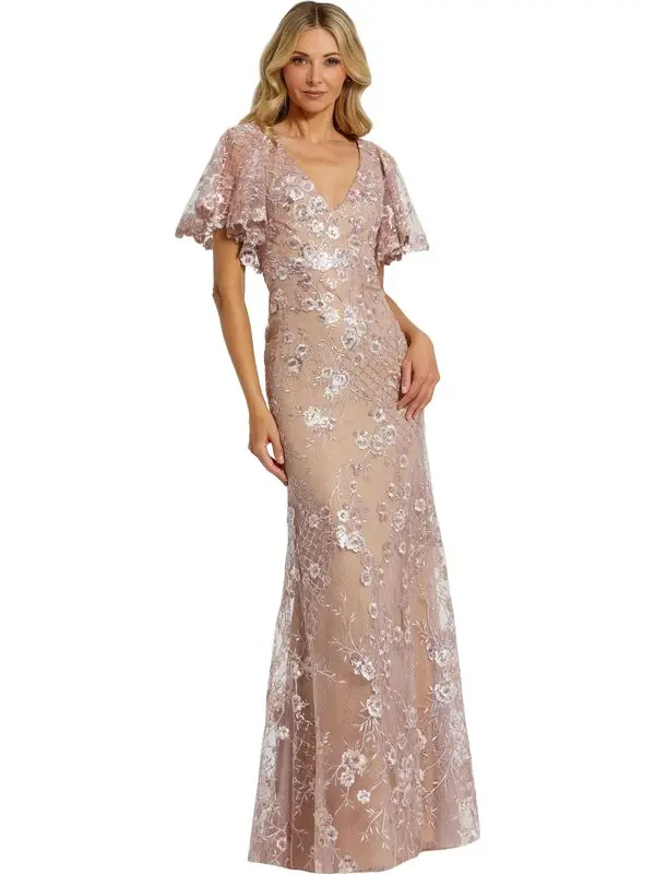 Mac Duggal Embellished Lace Butterfly Sleeve Gown - Rose Pink