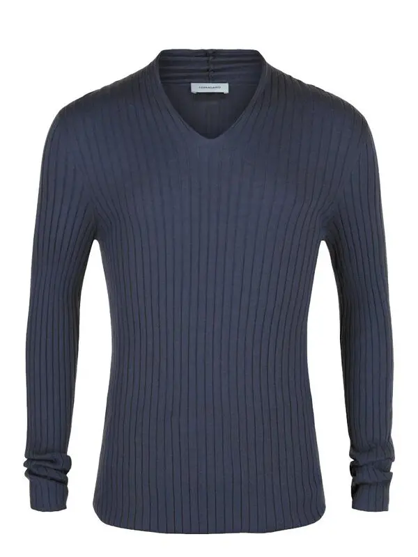 FERRAGAMO Ribbed Knit Long Sleeve Top - Grey