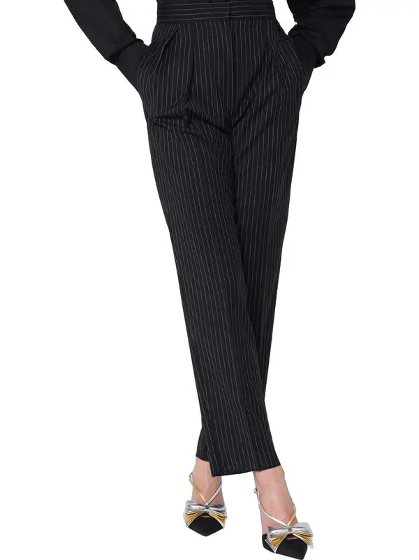 Max Mara Pinstriped Wool Trousers - Black