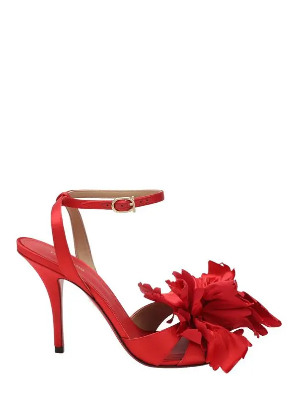 FERRAGAMO Satin Sandals With Floral Detail - Red