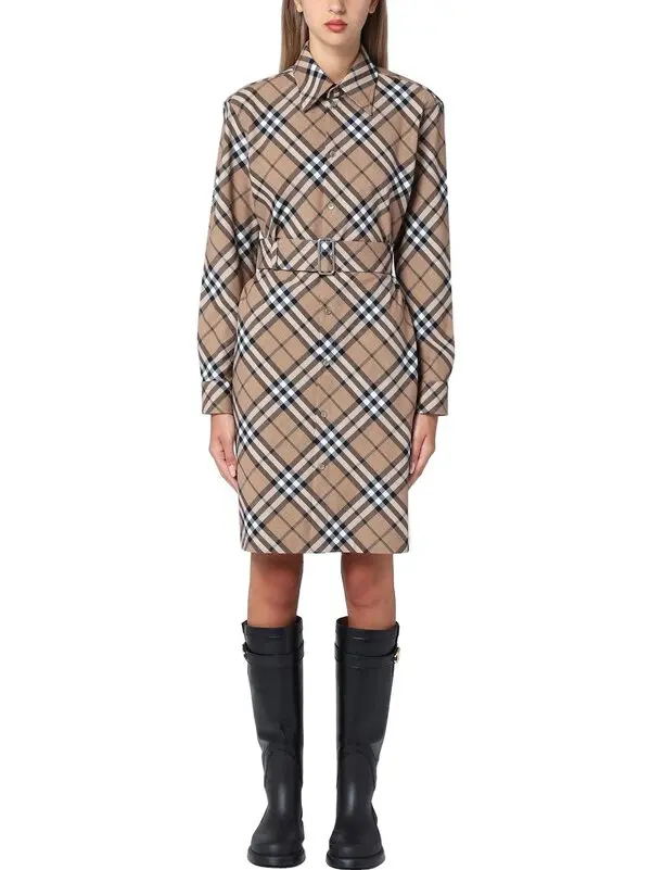 Burberry Check Wool Blend Shirt Dress - Beige
