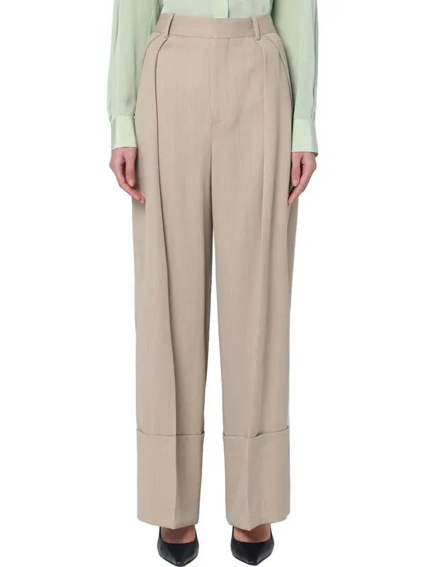 Victoria Beckham Wide Leg Wool Trousers - Beige