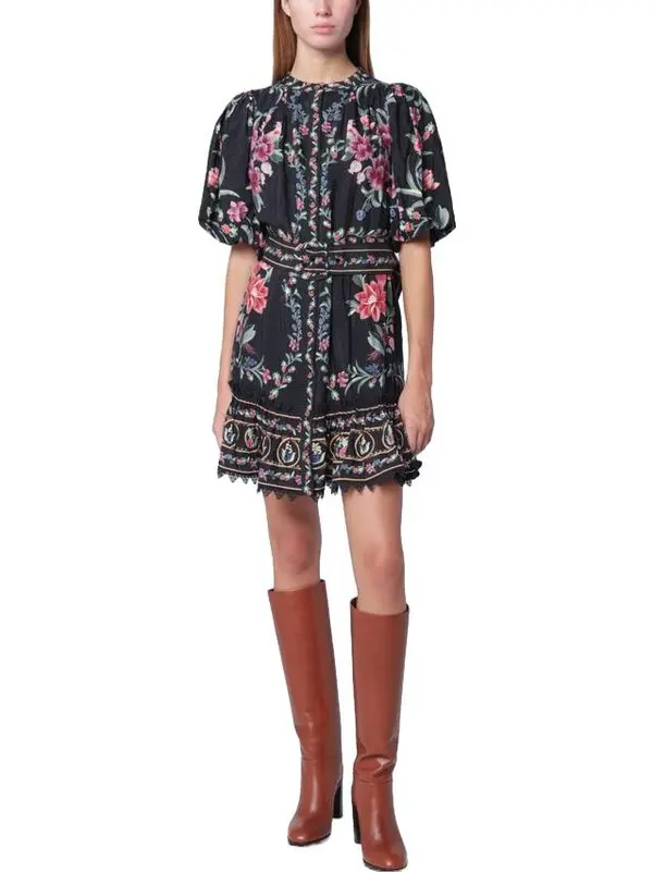 Farm Rio Belle Garden Mini Dress With Belt - Black
