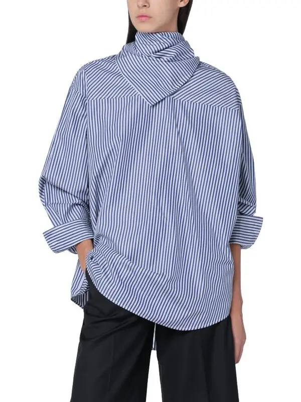 Ami Striped Poplin Shirt With Scarf - Blue