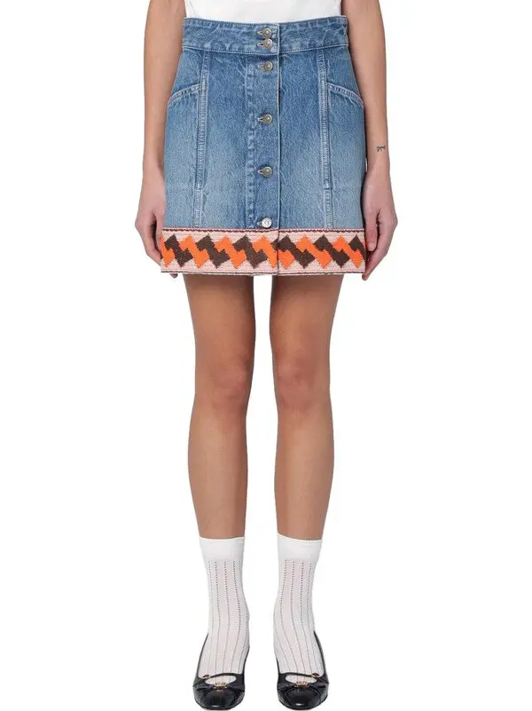 Valentino Garavani Denim Mini Skirt With Jacquard Trim - Blue