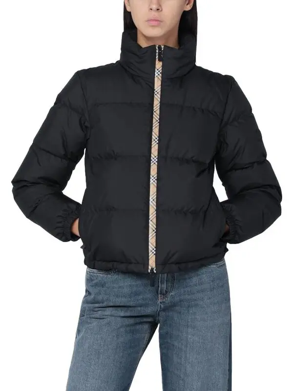 Burberry Zip-up Puffer Jacket With Check Detail - Black