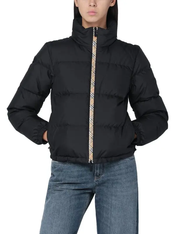 Burberry Zip-up Puffer Jacket With Check Detail - Black