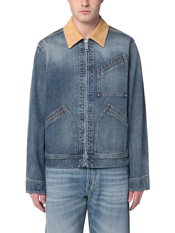 Alexander McQueen Denim Jacket With Suede Collar - Blue