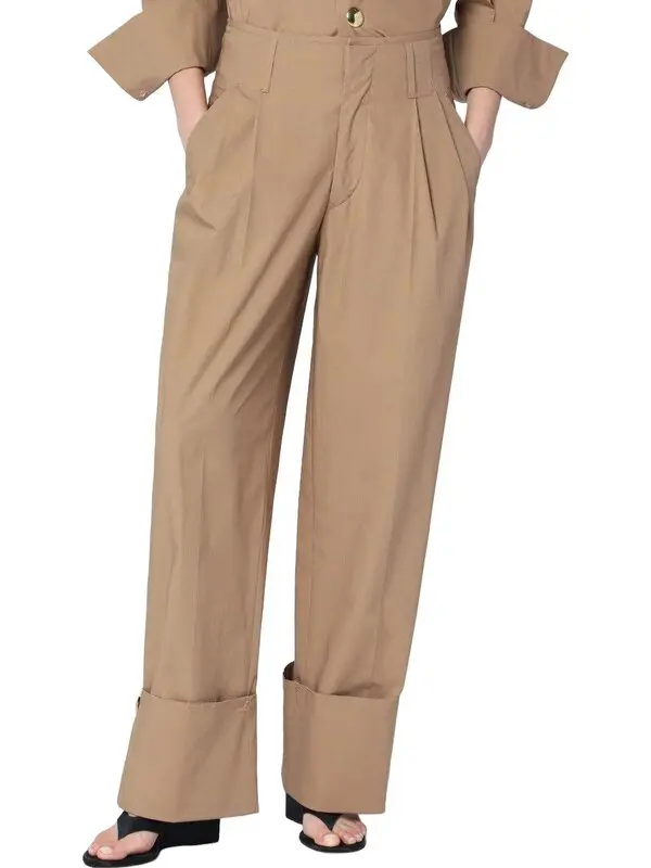 DARKPARK Camel Cotton Wide Leg Trousers With Golden Circular Detail - Beige