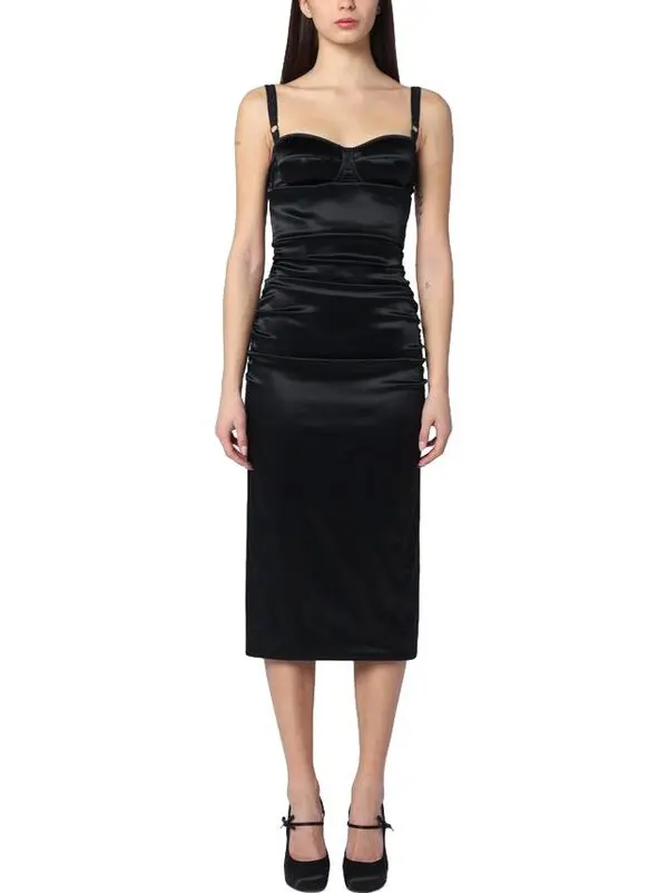 Dolce & Gabbana Draped Longuette Dress With Bra Detail - Black
