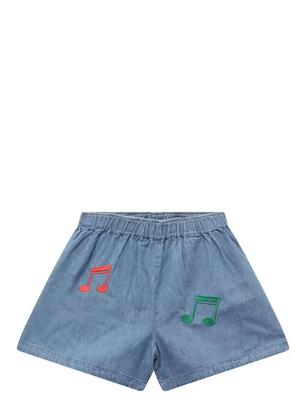 MINI RODINI Denim Shorts With Musical Note Embroidery - Blue