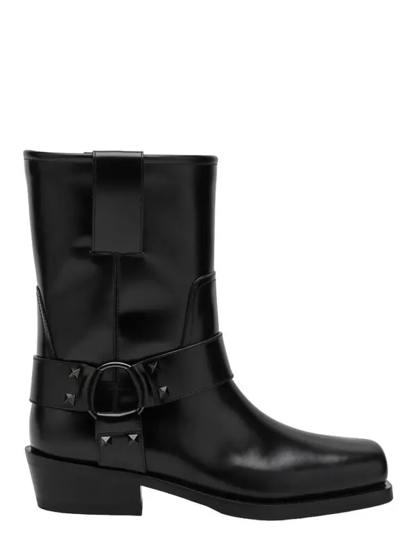 Valentino Garavani Leather Biker Rockstud Low Boots - Black