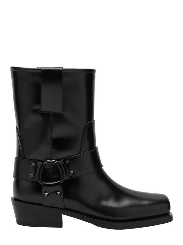 Valentino Garavani Leather Biker Rockstud Low Boots - Black